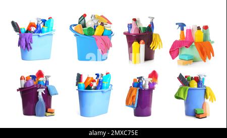 Collage of buckets with cleaning supplies on white background. Banner ...