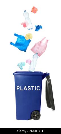 Different plastic garbage falling into trash bin. Waste management and ...
