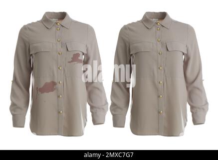Stylish shirt before and after dry-cleaning on white background Stock ...