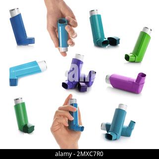 Set with portable asthma inhalers on white background. Banner design ...