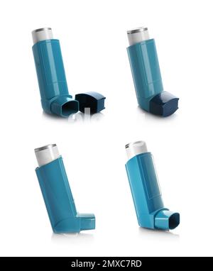 Set with portable asthma inhalers on white background. Banner design ...