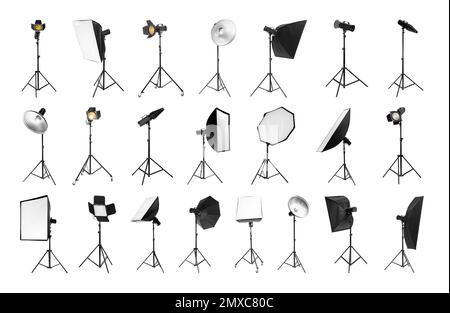 Set with different studio lightings on white background Stock Photo - Alamy