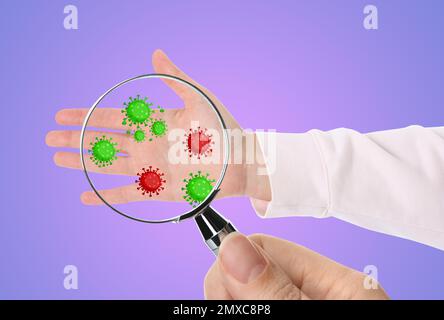 Woman detecting bacteria with magnifying glass on white background ...