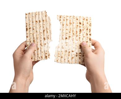 Man with Matzo on white background, closeup. Pesach (Passover ...