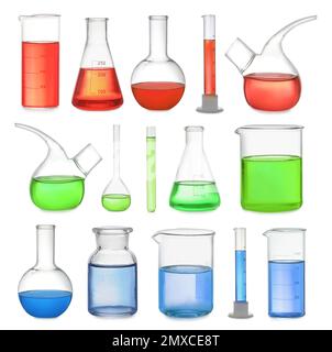 Set of different laboratory glassware with colorful liquids on white ...