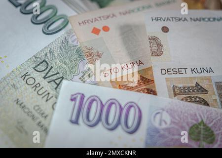 croatian kuna and czech crown banknotes of different value, in Prague ...