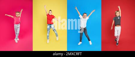 Collage of jumping schoolchildren on color backgrounds. Banner design ...