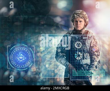 Double exposure of soldier with machine gun and different schemes ...