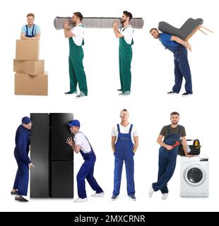 Collage with photos of workers carrying furniture on white background ...