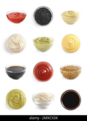 Set of different delicious sauces and condiments with names on white ...