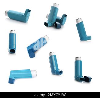 Set with portable asthma inhalers on white background. Banner design ...