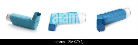 Set with portable asthma inhalers on white background. Banner design ...