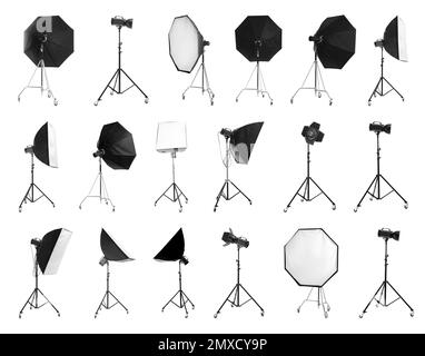 Set with different studio lightings on white background, banner design ...