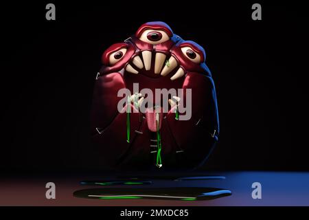 A creepy monster with a huge number of eyes and fangs, saliva flows, on ...