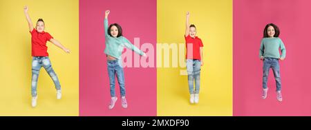 Collage of jumping schoolchildren on color backgrounds. Banner design ...