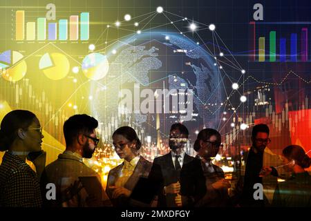 Multiple exposure with scheme, illustration of Earth and businesspeople ...