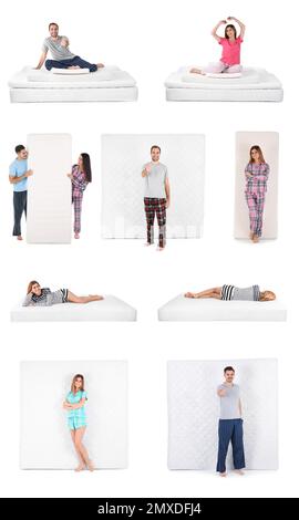 Collage with photos of people and mattresses on white background ...