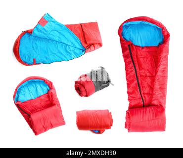 Set of red sleeping bags on white background. Banner design Stock Photo ...