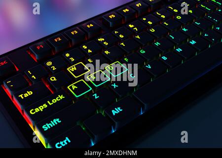 3d illustration, colorful gaming keyboard with LED backlit. Realistic ...