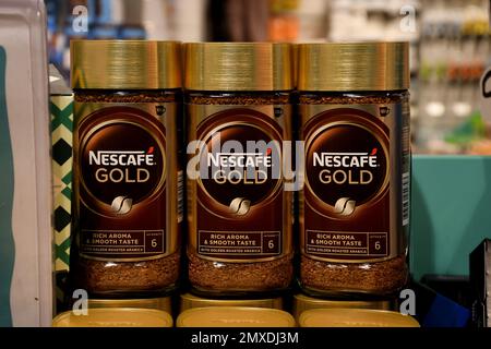 Copenhagen/Denmark/03 February 2023/ Nescafe gold display for sale in ...