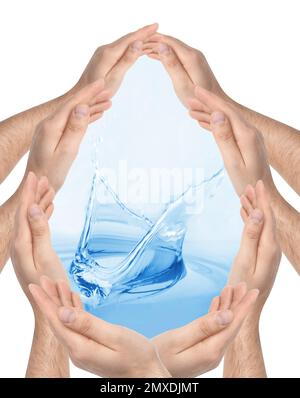 Men forming water drop with their hands on white background. Ecology ...