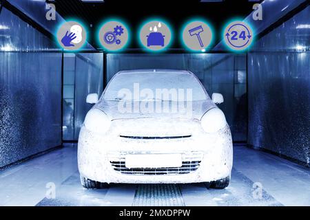 Car wash, full service related icons. Man cleaning automobile with high ...