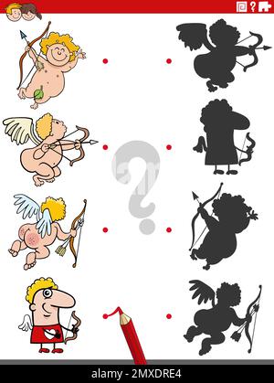 Shadow match game, cartoon cupids angels with arrows and hearts, vector ...