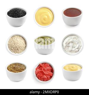 Set of different delicious sauces and condiments with names on white ...