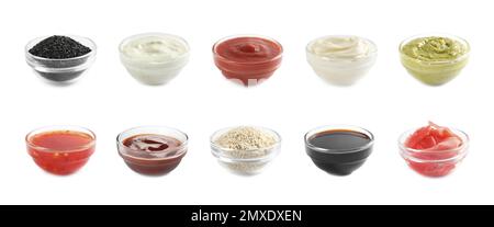 Set of different delicious sauces and condiments with names on white ...