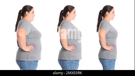 Collage with photos of overweight woman before and after weight loss on ...