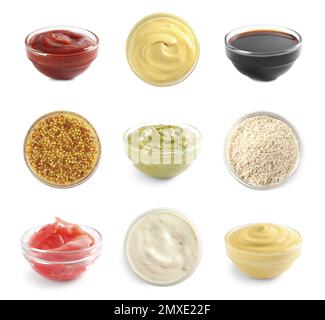 Set of different delicious sauces and condiments with names on white ...