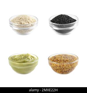 Set of different delicious sauces and condiments with names on white ...