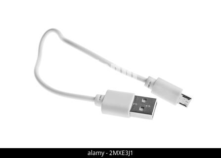 USB charge cable isolated on white, top view. Modern technology Stock ...