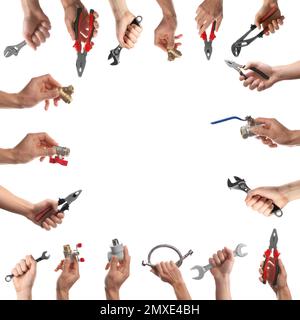 Collage with photos of plumbers holding different valves and pipe ...