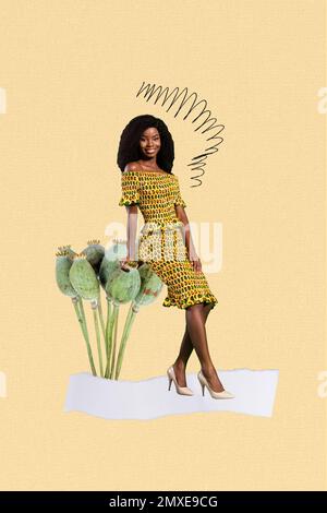 Creative photo 3d collage artwork poster postcard of happy lady sitting ...