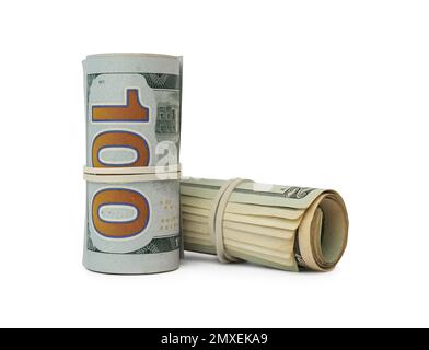 Rolled dollar banknotes on white background. American national currency ...