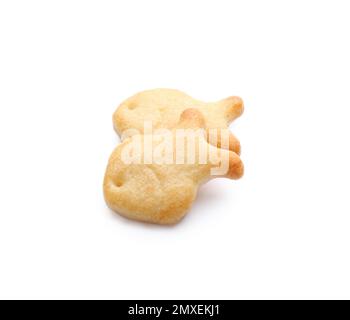 Delicious crispy goldfish crackers on white background Stock Photo - Alamy