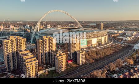 An aerial view of Wembley Stadium at sunrise in London, the United ...