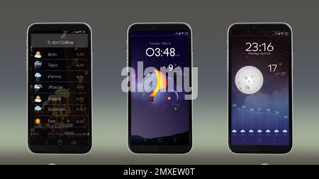 Set of smartphones with open weather forecast app on grey background ...