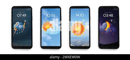 Set of smartphones with open weather forecast app on grey background ...