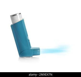 Portable asthma inhaler device with steam on white background Stock ...
