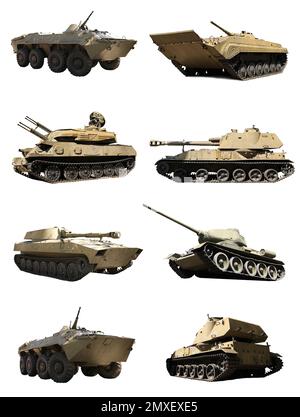 Set of different military machinery on white background Stock Photo - Alamy