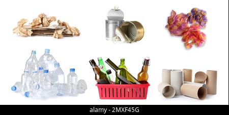 Set of piles with different garbage on white background. Waste ...