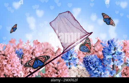 Bright net and fragile monarch butterflies in flower garden Stock Photo ...