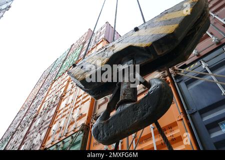 View on main deck and lashing platforms of container vessel painted ...