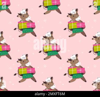Festive Christmas seamless pattern with gifts and holly on a white ...