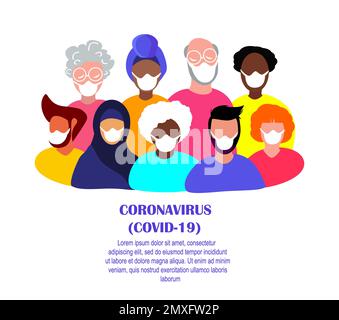 Crowd of people in protective face masks waiting in queue Stock Photo ...