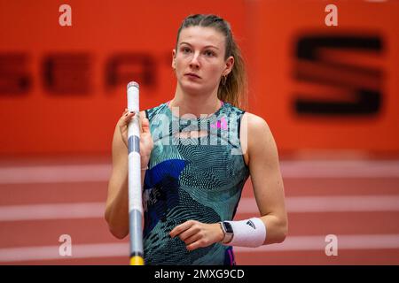 Margot CHEVRIER of France competes in the Women Pole Jump event during ...