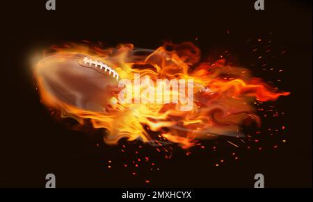 Rugby ball with bright flame flying on black background Stock Photo - Alamy