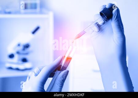 Scientist dripping sample into test tube in laboratory, closeup ...